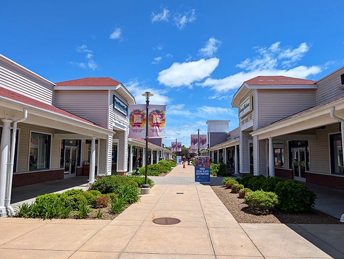 Wide walkways and covered passages make rainy-day shopping feel like a pleasant stroll through retail paradise.