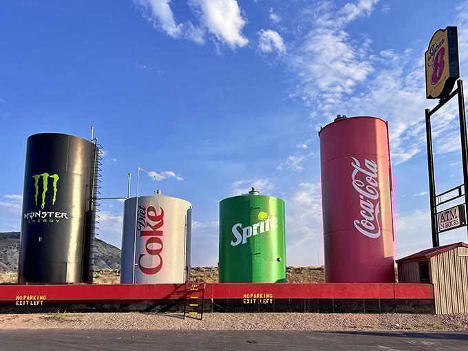 Four giants standing sentinel in the Utah desert &ndash; Monster, Diet Coke, Sprite, and Coca-Cola tanks transformed into the world's thirstiest roadside attraction.