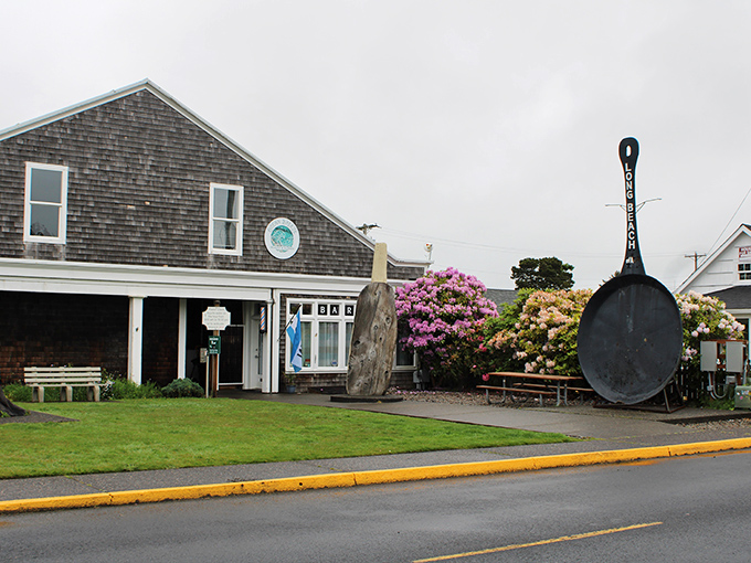 The World's Largest Frying Pan stands proudly in Long Beach, Washington, proving that sometimes the most memorable roadside attractions come in sizzling proportions.