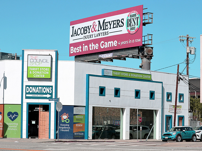 The Council Shop's vibrant exterior promises treasure hunting adventures within, standing proudly under LA's impossibly blue skies.