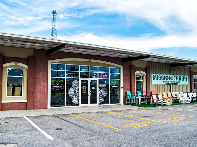 The brick-and-mortar gateway to bargain paradise. Mission Thrift's welcoming facade promises treasures within, complete with colorful patio furniture teasing what awaits inside.