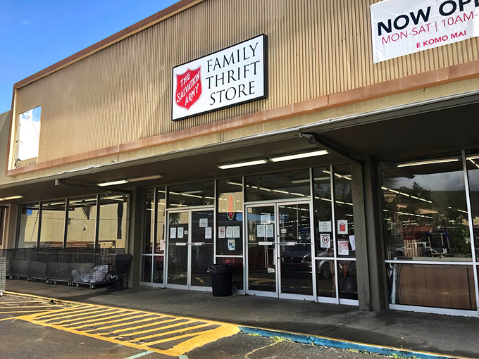 The unassuming exterior of Salvation Army Thrift Store in Kailua&mdash;proof that paradise's best bargains often hide behind the simplest facades.