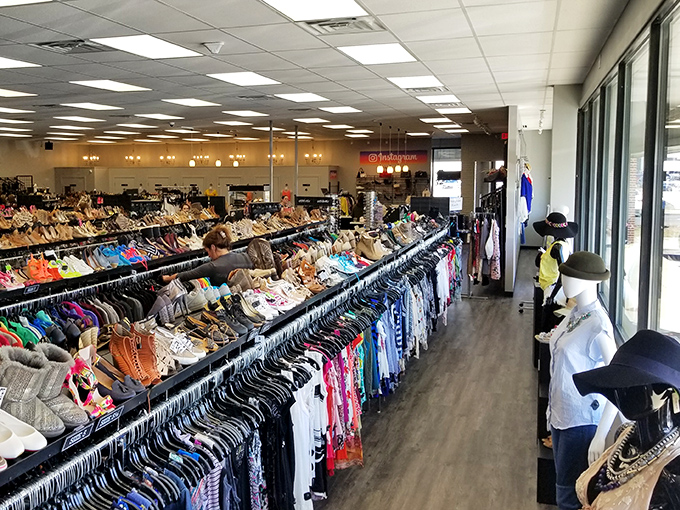 The exterior promises something special—a fashion lover's paradise hiding in plain sight among the strip malls of Fishers.