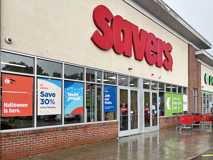 Rain or shine, Savers' storefront promises treasure hunting adventures. That 30% Tuesday discount sign might as well be a siren song.