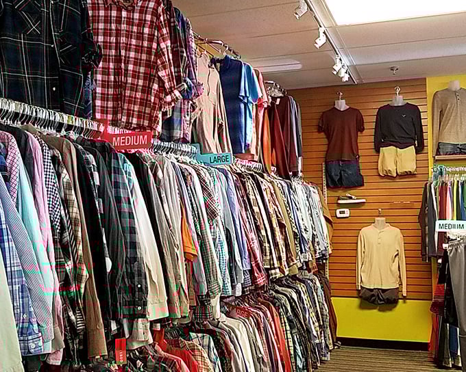 Men's shirts organized by size and color&mdash;proof that secondhand shopping doesn't have to feel like a treasure hunt in a tornado.