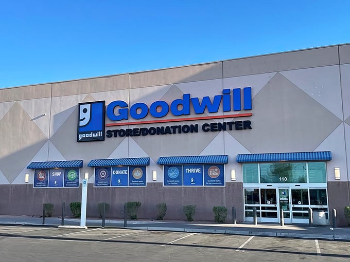 Standing proud against the desert sky, this treasure trove's geometric facade hints at the organized chaos of bargains waiting inside.