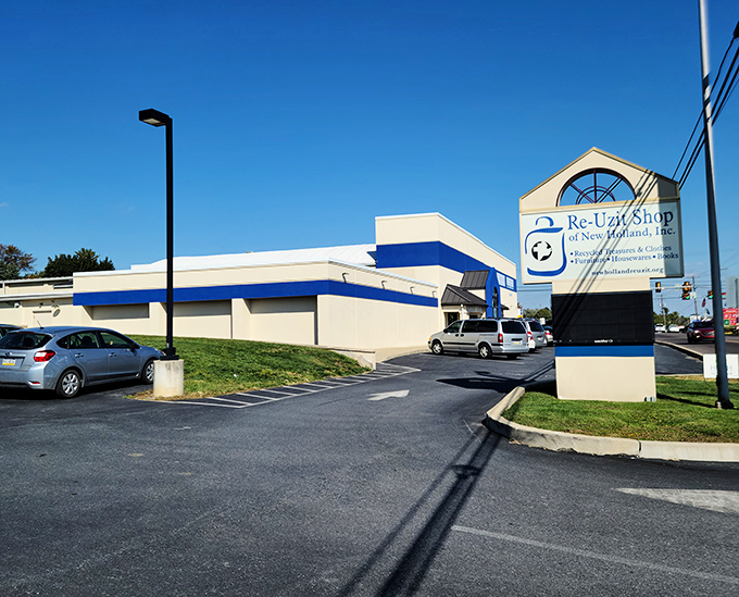 The distinctive blue-striped exterior of Re-Uzit Shop beckons bargain hunters to this Lancaster County treasure trove of secondhand delights.
