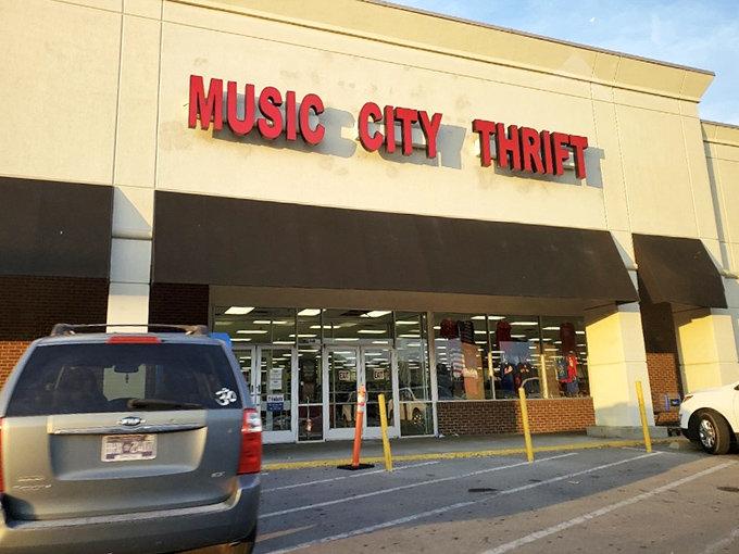 The iconic red lettering of Music City Thrift stands out against the beige facade, promising treasure hunters a paradise of possibilities within.