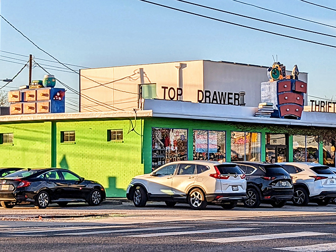 The lime green exterior of Top Drawer Thrift isn't just a building&mdash;it's a declaration that ordinary shopping rules don't apply here.