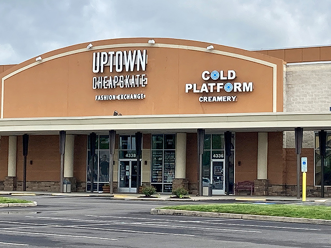 The unassuming exterior of Uptown Cheapskate hides a treasure trove of fashion finds that would make any bargain hunter's heart skip a beat.