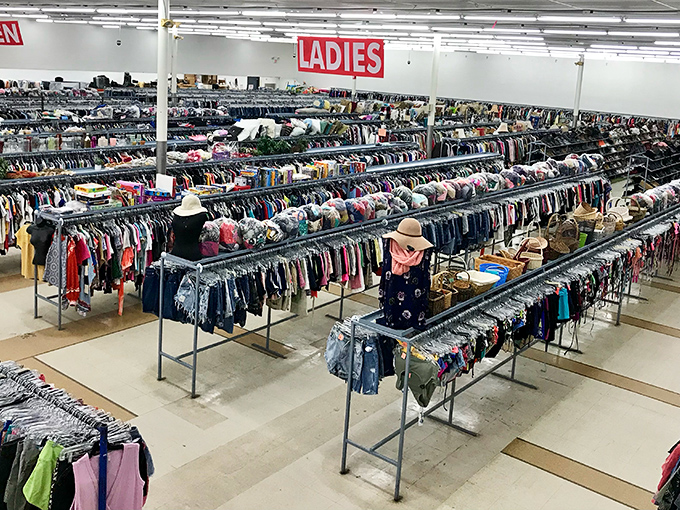 A textile wonderland stretches to the horizon, where racks upon racks of clothing await treasure hunters armed with nothing but time and twenty bucks.