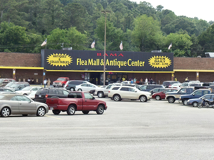 The mothership has landed! Bama Flea Mall's iconic storefront promises treasure hunters the thrill of discovery behind those unassuming doors.