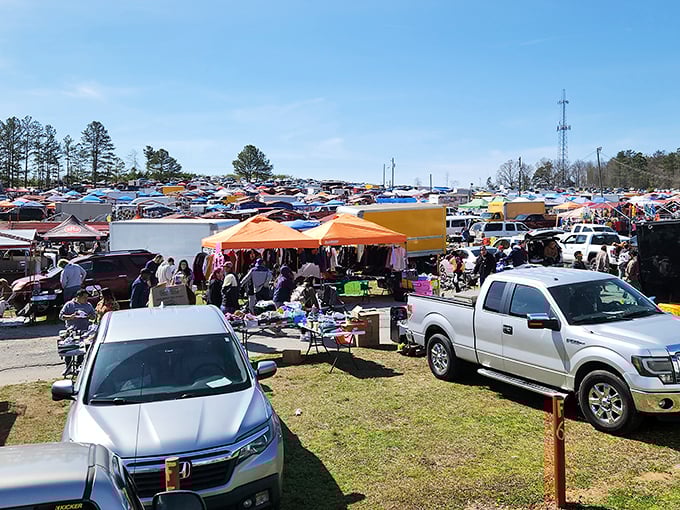 The ultimate Sunday treasure hunt unfolds beneath Alabama skies. Rows of colorful tents and eager shoppers create a bazaar worthy of an adventure movie opening scene.