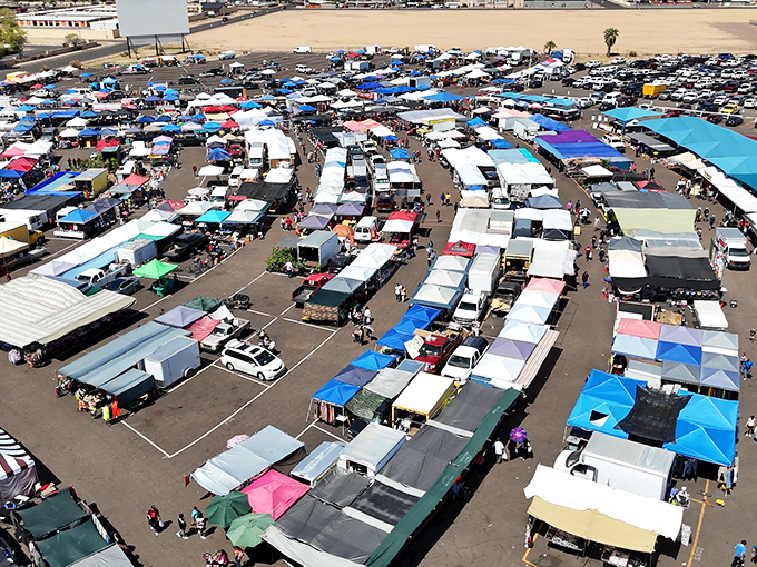 From above, the Glendale Public Market resembles a colorful patchwork quilt of commerce, where treasure hunters navigate a maze of canopies and possibilities.