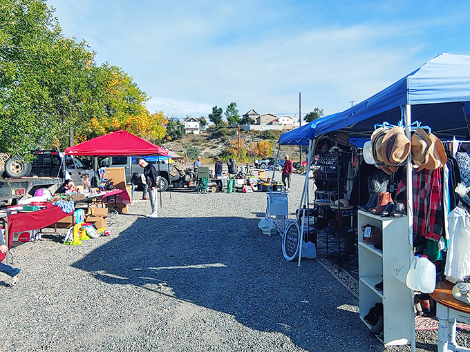The treasure hunt begins! Colorful canopies dot the Roundup landscape like a bargain hunter's oasis under Montana's famous big sky.
