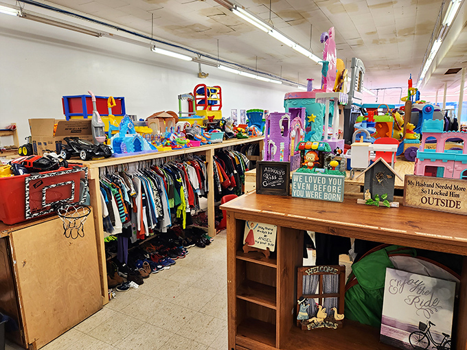 A treasure trove of children's clothing, toys, and quirky home d&eacute;cor signs awaits bargain hunters in this colorful corner of Superior's marketplace.