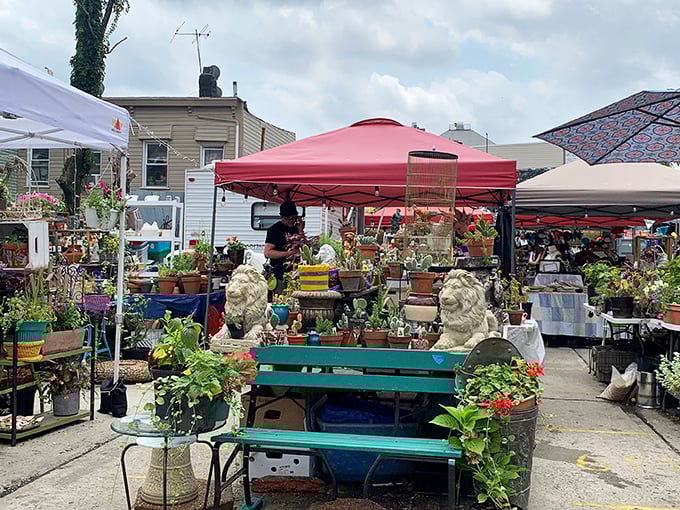 A botanical paradise under the Brooklyn sky. This corner of Bushwick Market transforms concrete into an urban jungle where apartment-dwellers find their green salvation.