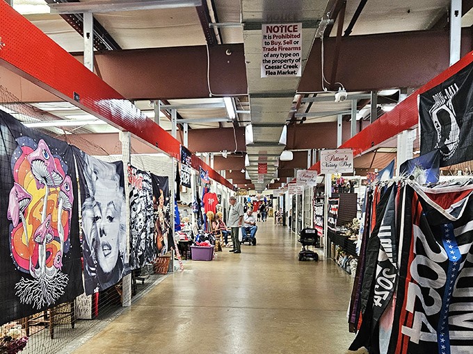 Tapestries and flags create a vibrant retail canyon where pop culture meets counterculture, and every booth tells its own unique story.