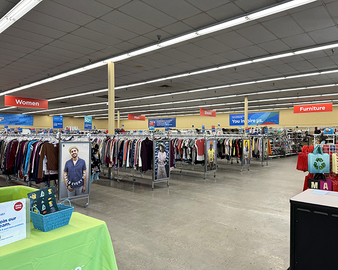 The women's section stretches toward the furniture department, a retail landscape where fashion treasures await the patient explorer.