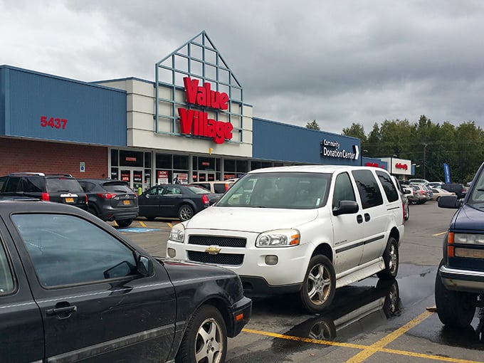 The iconic blue and red facade of Value Village stands like a beacon for bargain hunters on East Northern Lights Boulevard in Anchorage.
