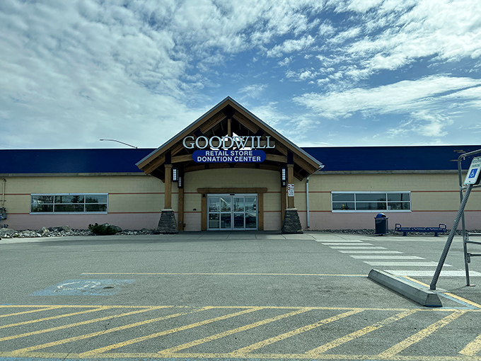 The unassuming exterior of Anchorage's Goodwill hides a treasure trove within, like a pirate chest disguised as an ordinary shipping container.