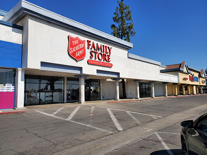 The Salvation Army's iconic red shield beckons bargain hunters to this Bakersfield treasure trove, where secondhand shopping becomes an adventure rather than an errand.