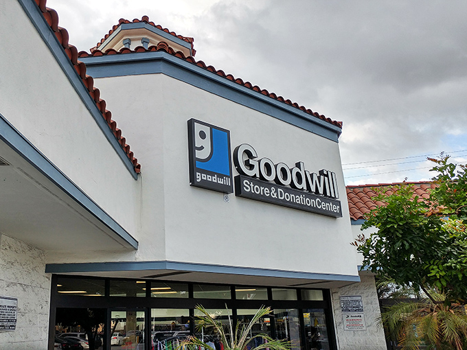 The iconic Goodwill storefront on Figueroa Street, where budget-conscious treasure hunters find sustainable style and home goods galore.