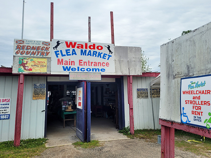 The entrance to Waldo Flea Market promises "Redneck Country" adventures beyond those blue doors. Treasure hunting begins here!