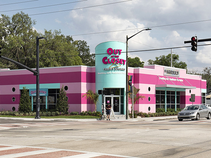 That pink and turquoise exterior isn't shy about announcing itself &ndash; it's the thrift store equivalent of a peacock doing jazz hands.