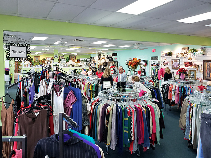 Racks upon racks of color-coded clothing treasures await, like a rainbow of fashion possibilities where yesterday's splurges become today's steals.