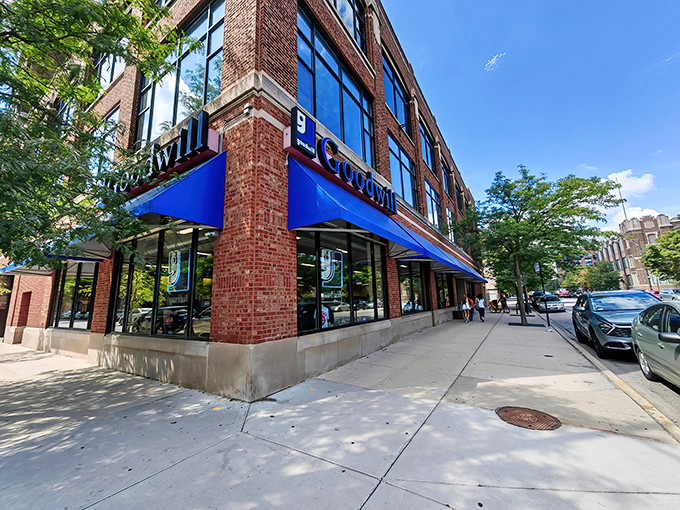 The iconic blue awnings of Chicago's Goodwill beckon like a retail oasis, promising treasures waiting to be discovered inside this brick-faced wonderland of secondhand possibilities.