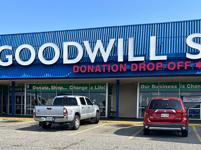 Where one person's "not anymore" becomes another's "just what I needed!" The donation drop-off keeps this blue-roofed wonderland stocked daily.