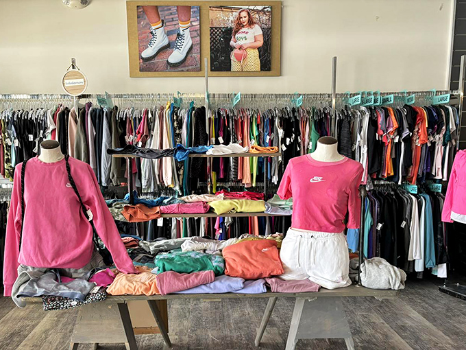 The shoe display at Plato's Closet showcases a rainbow of gently-used footwear, arranged like a museum exhibit of affordable fashion possibilities.