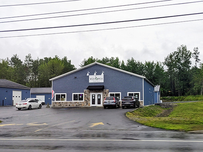 The blue exterior of Win-Win Thrift Store stands like a beacon of bargain possibilities in Brewer, where Maine's practical spirit meets treasure-hunting adventure.
