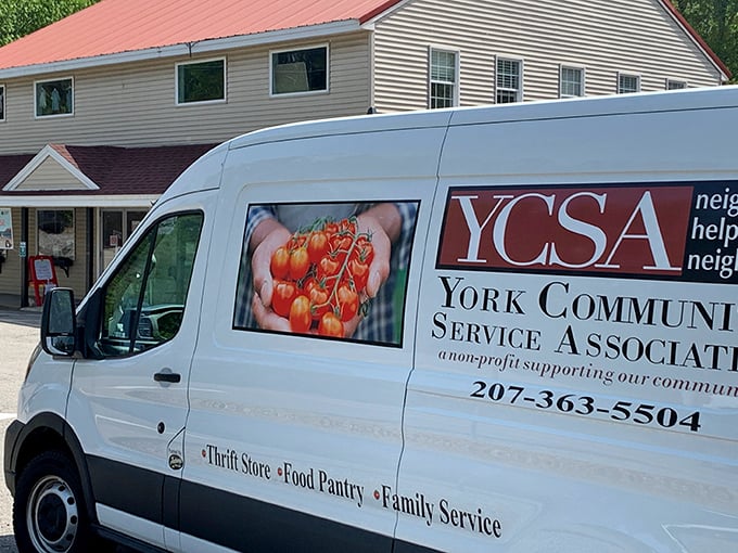 The YCSA Thrift van, marked clearly with its sign, stands outside this modest shop&mdash;an inviting hint at the hidden treasures inside. Tucked away in Maine, it&rsquo;s a favorite secret among savvy bargain hunters.