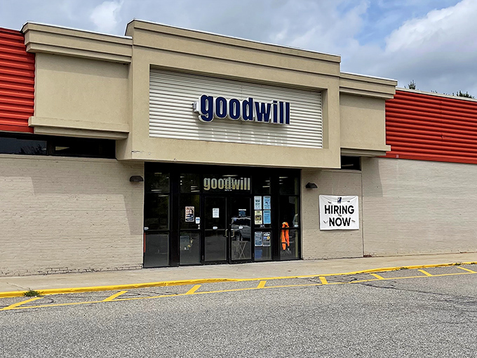 Even on a sunny day, this thrift paradise draws shoppers like moths to a flame. Notice the "Hiring Now" sign&mdash;thrifting creates jobs and joy!