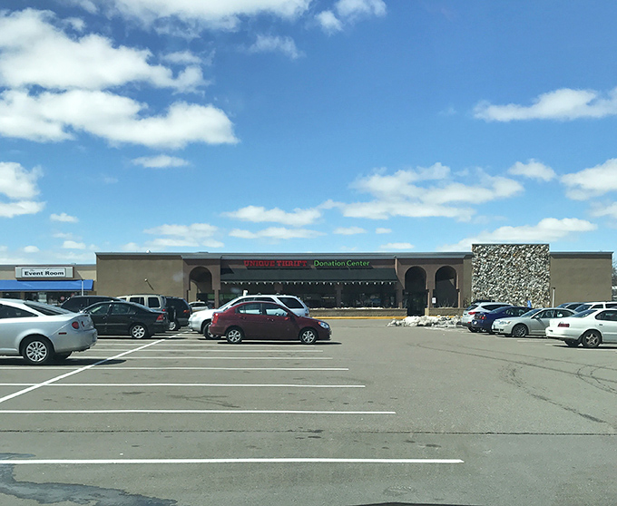 The unassuming exterior of Unique Thrift Store in New Hope belies the treasure trove waiting inside. Minnesota's bargain hunters know this facade means adventure awaits.