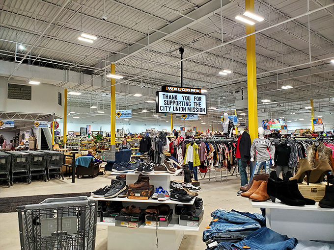 City Thrift's cavernous interior showcases endless racks of clothing and shoes, where bargain hunters discover treasures while supporting local missions.