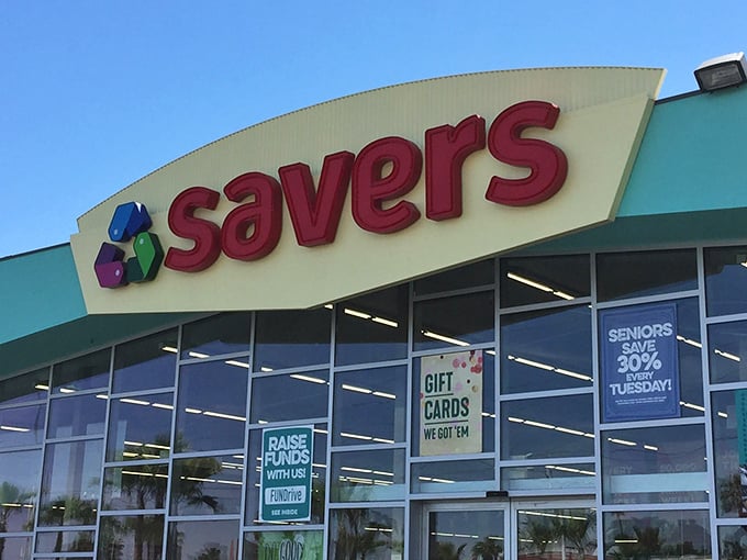 The iconic Savers sign beckons bargain hunters like a beacon of thrift hope in the desert. Tuesday's senior discount is just the cherry on top!