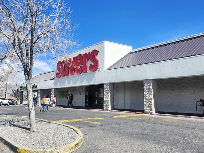 The bright red Savers sign stands out against the New Mexico sky like a beacon calling all treasure hunters to begin their quest.