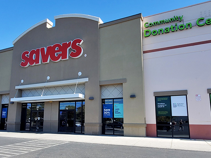 The beige fortress of frugality beckons with its bold red signage, promising treasures within that won't empty your wallet.