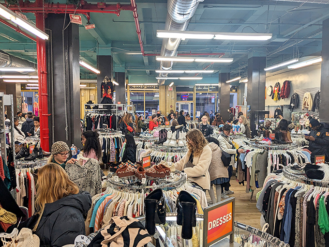 Fashion treasure hunters in their natural habitat! The turquoise ceiling and exposed pipes watch over a bustling ecosystem of style seekers scoring their next great find.