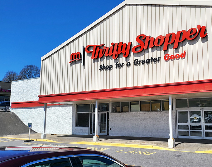 The iconic red signage of Thrifty Shopper beckons like a lighthouse for bargain hunters navigating the sea of retail options in Solvay.