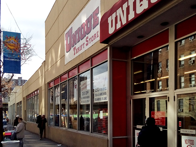 The unassuming exterior of Unique Thrift Store - where New York's savviest bargain hunters begin their treasure-seeking expeditions.