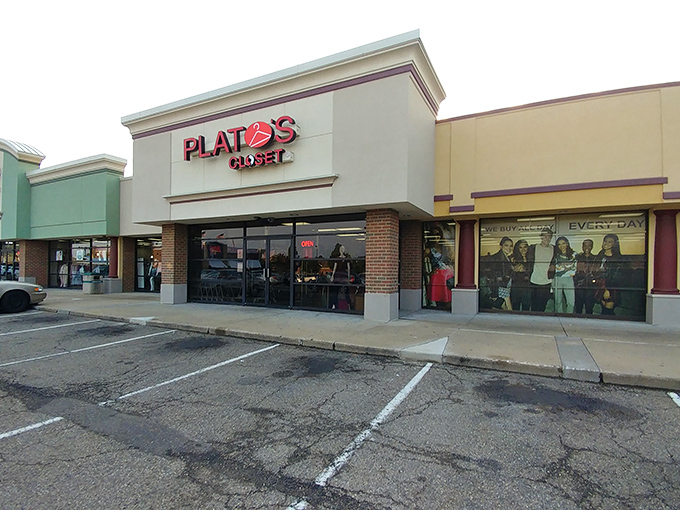 The storefront beckons like a fashion oasis in the strip mall desert. That iconic red logo promises treasure hunting of the highest order.