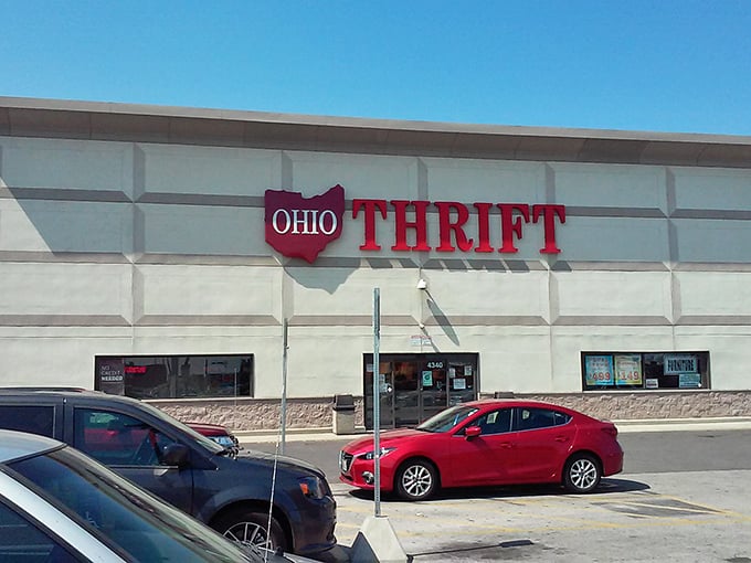 The iconic Ohio-shaped sign beckons bargain hunters like a retail lighthouse guiding ships to treasure-filled shores.
