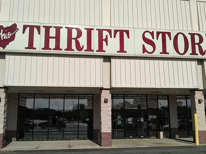 The iconic red lettering of Ohio Thrift Store beckons bargain hunters like a retail lighthouse guiding ships to treasure-filled shores.