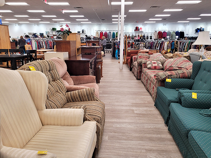 The furniture section at Liberty Ministries Thrift looks like a living room showdown &ndash; comfy couches in every pattern imaginable waiting for their forever home.
