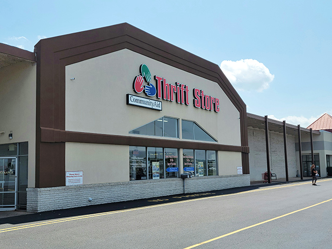 The storefront beckons like a siren song to bargain hunters. That bold red "Thrift Store" sign might as well say "Treasure Awaits."
