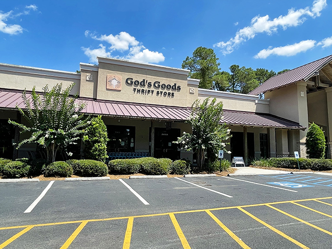 The welcoming exterior of God's Goods in Bluffton, where bargain treasures await behind that unassuming burgundy awning.